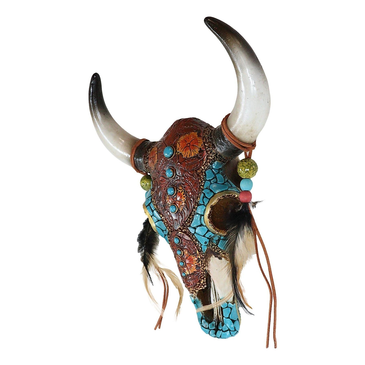 Ebros Gift Southwestern Tribal Indian Dreamcatcher Feathers Turquoise Beads and Faux Tooled Floral Leather Steer Cow Skull Wall Head Decor Hanging Plaque Bison Buffalo Wild Animal Resin Figurine