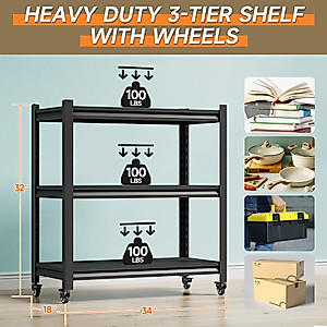 Topass Storage Shelves, Bakers Rack with Wheels, 3-Tier Metal Shelving Unit with Wheels for Kitchen Garage Office, Kitchen Stand with Adjustable Rack (18" D x 34" W x 32" H)