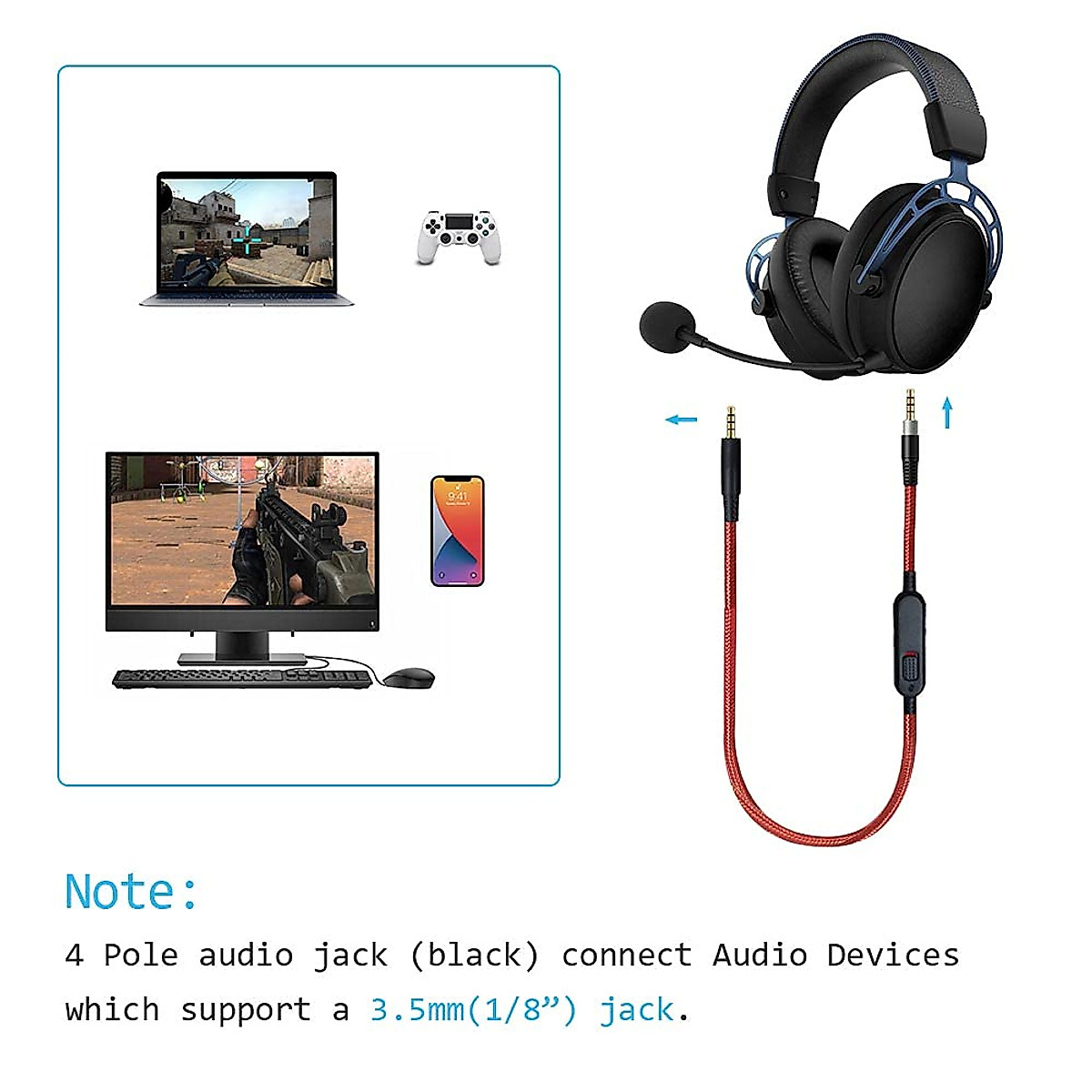 MJKOR Replacement Audio AUX Cable Compatible with HyperX Cloud Mix and Cloud Alpha Gaming Headset, Inline Mute and Volume Control(No Inline Mic, Red)