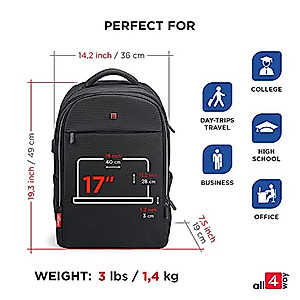 all4way Premium Laptop Backpack for Women Men - USB Quick Charge RFID 17"- Swiss Design Anti-Theft, Waterproof with Rain Cover for Business Travel College - Durable & Soft 1680d Polyester