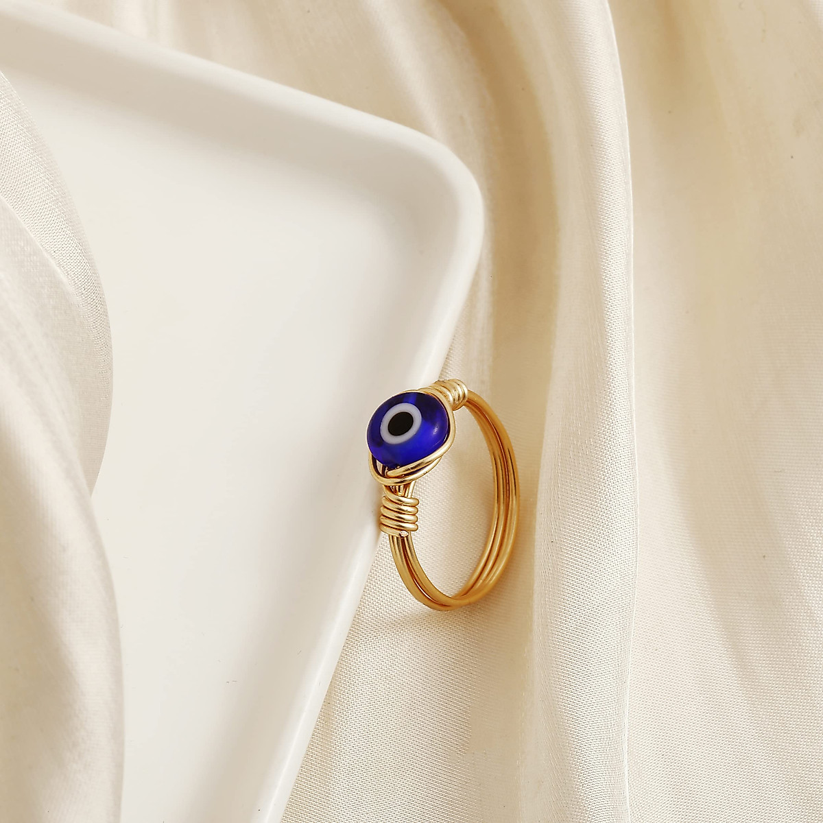ASCOMY Delicate Evil Eye Ring for Women 14K Gold Plated Handmade Dark Blue Evil Eye Rings Stackable Turkish Faith Protection Wrapped Ring Everyday Jewelry Gifts Size 9