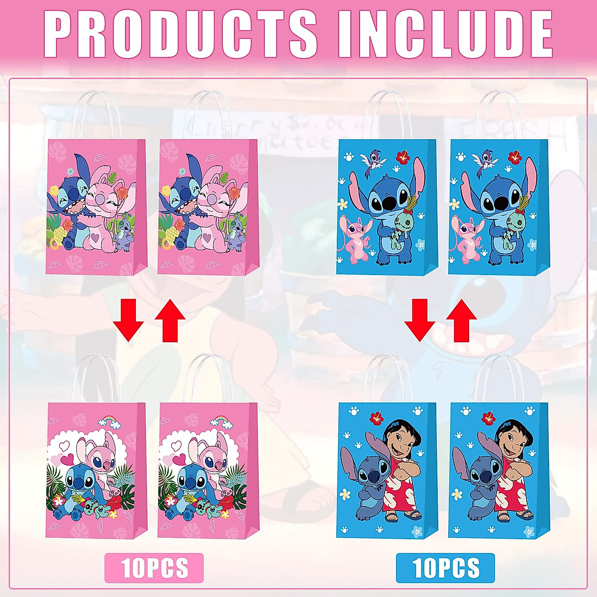 KULINAN 20 PCS Stitch Kraft Paper Gift Bags with Handles, Stitch Party Favor Bags Party Goodie Bags for Birthday Party Decorations