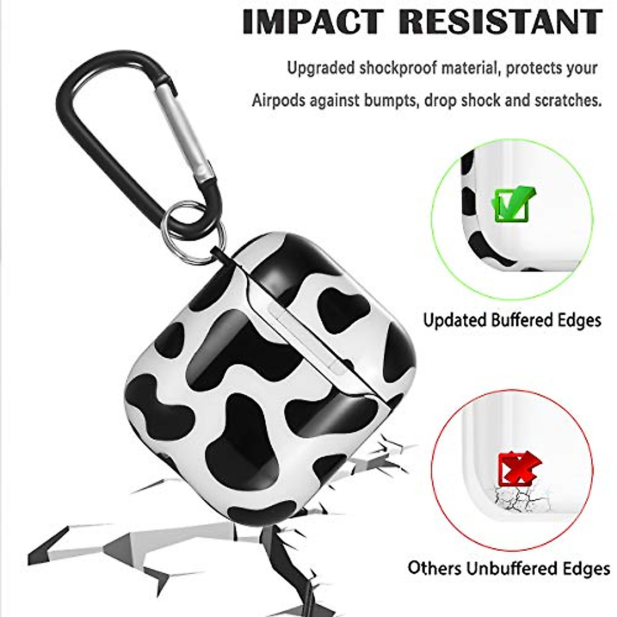 Airpods Case Cover Cow, Olytop Cute Airpods Protective Case Cover Printed Hard Skin Women Girl for Apple Airpods Charging Case with Keychain AirPods 2nd 1st Gen (Black Cow)