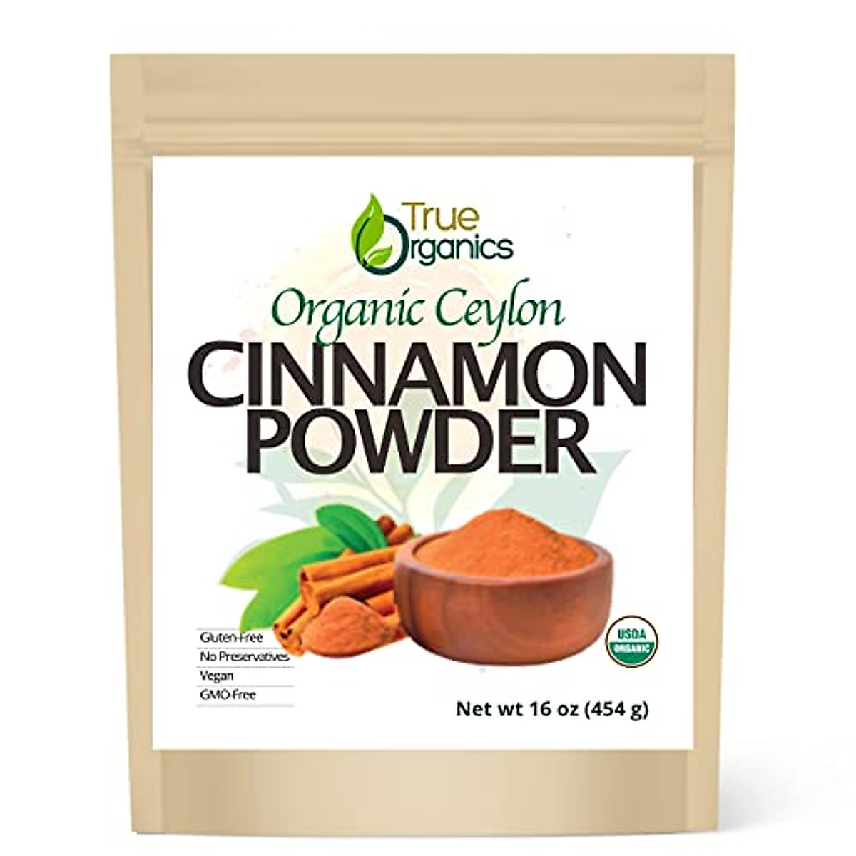 True Organic Ceylon Cinnamon Powder, 1 lb, Premium Grade Ceylon Cinnamon, Gluten Free Cinnamon Powder, Organic Cinnamon powder USDA & Kosher Certified, Non-GMO.