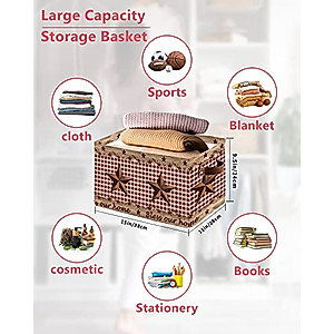 Waterproof Fabric Storage Baskets 1 Pack - 15"x11"x9.5" Oversized Foldable Toy Storage Box Clothes Storage Bins for Home Closet - Western Texas Star Bless our Home Red Plaid Rustic Barn Wood Plank