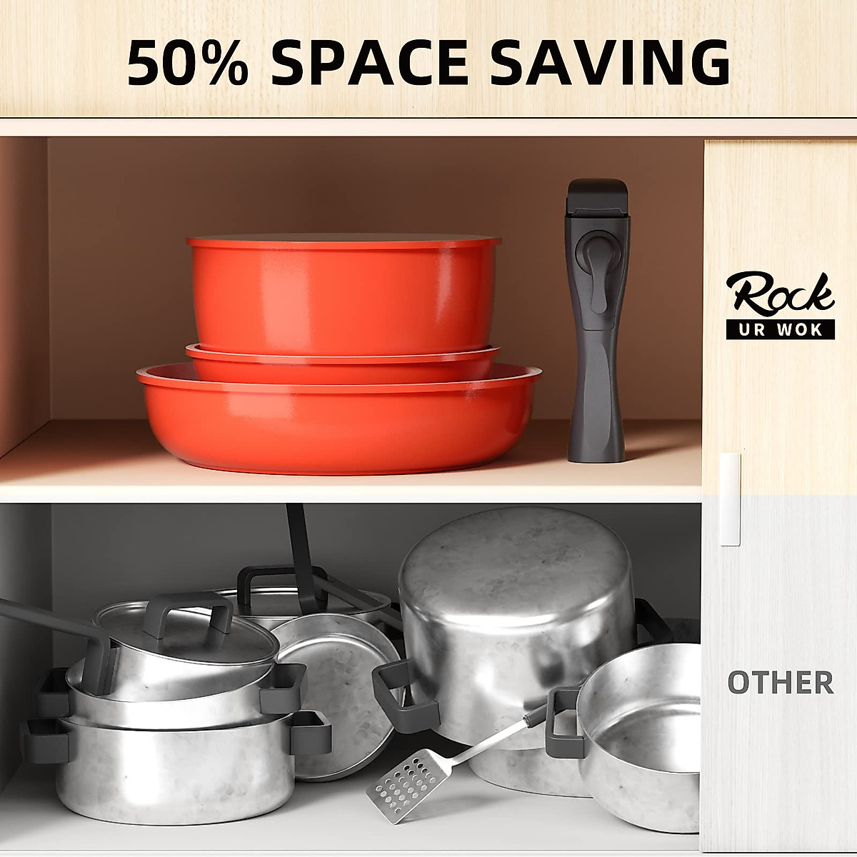 Pots and Pans with Removable Handle, Cookware Set with Ceramic Nonstick Coating, Suitble for Camping | RV, Dishwasher Safe | Ovens Safe | PFAS Free | PFOA Free, Orange