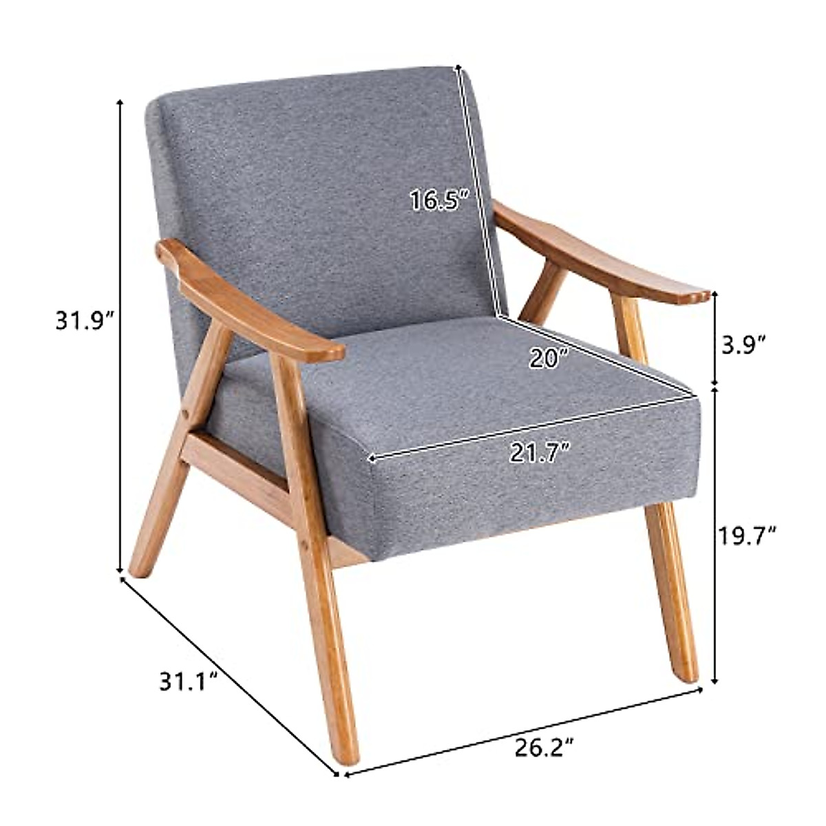VINGLI Grey Accent Chairs Set of 2, Retro Mid Century Lounge Chairs for Living Room, Sturdy Upholstered Solid Wood Boho Farmhouse Armchairs for Bedroom/Reception
