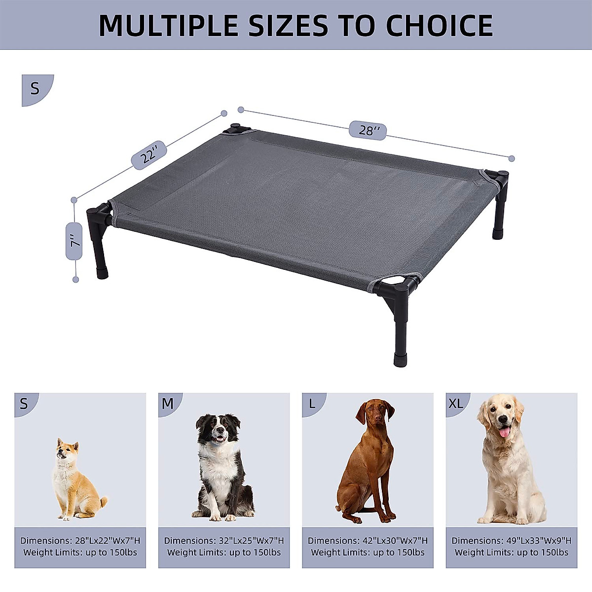 pettycare Elevated Outdoor Dog Bed - Dog Cots for Small Pet, Heavy Duty Raised Cot Waterproof, Cooling Pets Bed with Washable Durable Teslin Mesh and Non Slip Feet, 28 Inches, Grey