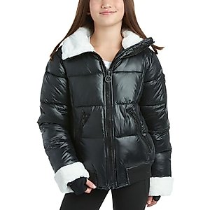 DKNY Girls' Winter Coat - Insulated Quilted Puffer Bomber Coat - Outerwear Jacket for Girls, Sherpa Collar/Cuffs (8-16), Size 10-12, Black
