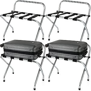 Therwen 4 Pack Steel Folding Foldable Luggage Rack with Back Suitcase Stand Shelf with Support Bar Folding Metal Suitcase Stand with Belts for Bedroom Hotel Guest Room, Chrome Silver