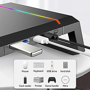 KYOLLY RGB Gaming Computer Monitor Stand Riser - 4 USB 3.0 Hub, 3 Length Adjustable Monitor Stand with Drawer,Storage and Phone Holder