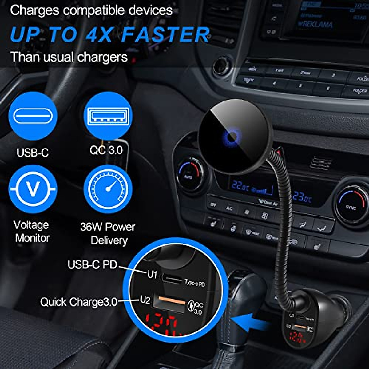 DACK Mag-Safe 15W Car Cigarette Lighter Wireless Charger, Magnetic Auto-Alignment Air Vent Mount Holder with Dual Port PD&QC3.0 Fast Charging for iPhone 13/13 Pro/ 13 Pro Max/12 Series