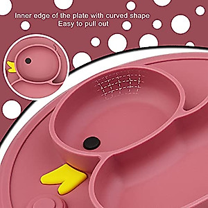 Baby Divided Plate Placemat Silicone- Portable Non Slip Child Feeding Suction Plate for Children Babies and Kids BPA Free Baby Dinner Plate Microwave Dishwasher Safe (Duck-Blush)
