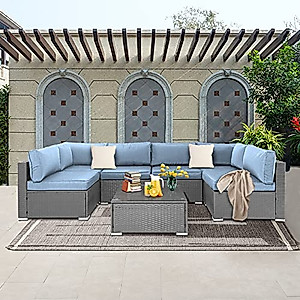SOLAURA 7-Piece Outdoor Patio Furniture Set, Gray Wicker Conversation Furniture Modular Sectional Sofa Set with YKK Zipper &Coffee Table - Sky Blue
