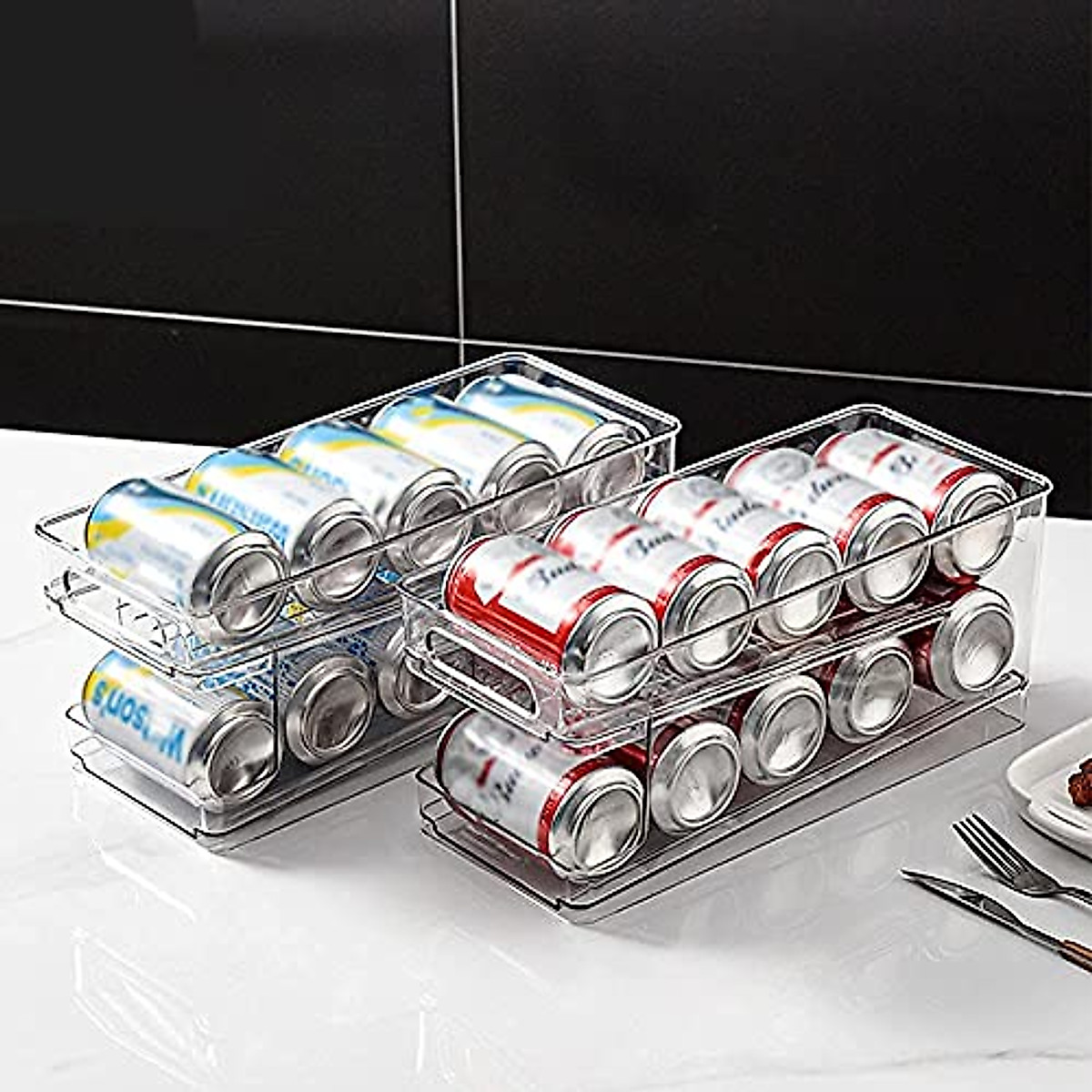 DAOGUAN Soda Can Organizer PET Double-Layer Automatic Roll-Off Refrigerator Organizer Bins with Handle for Fridge Freezer Cabinets Countertop, Clear, 13.6inch*5.31inch*6.02inch (VXORWB44GG2R04MP12A)