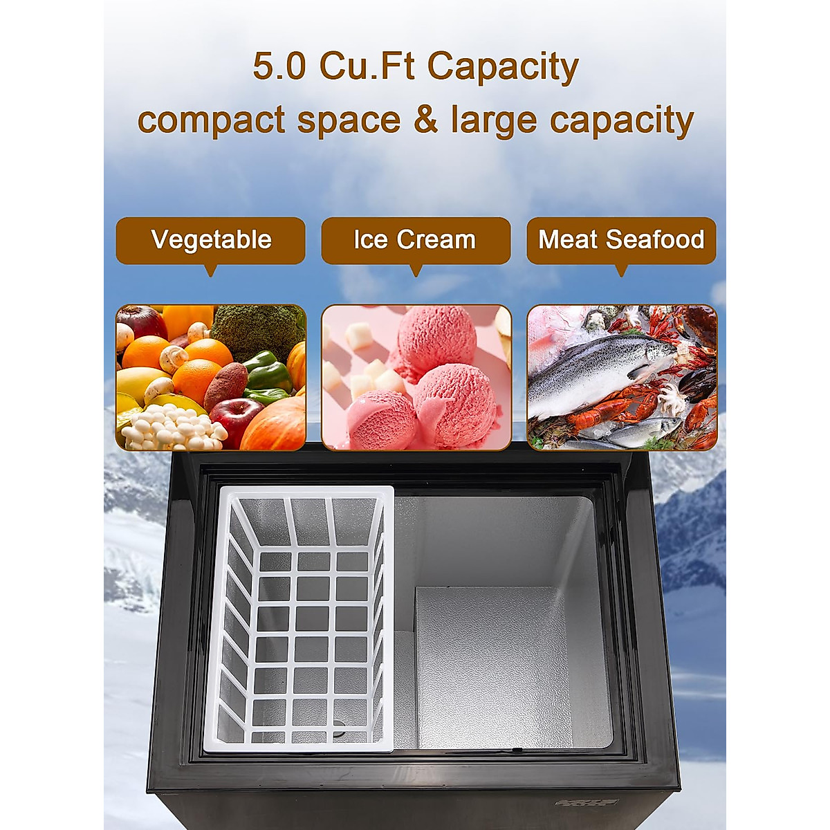 Chest Freezer KRIB BLING 5.0 cu.ft Mini Adjustable 7 Thermostat Compact Deep Freezer Top Door Low Noise with Removable Basket Black