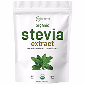 Pure Organic Stevia Powder, 8 Ounces, 1418 Serving, High Grade Stevia Green Leaf Extract Reb-A, Reduced Bitter Aftertaste, 0 Calorie, Natural Sweetener, Sugar Alternative, Keto Friendly