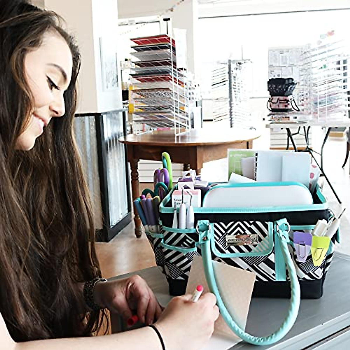 Everything Mary Teal Geometric Deluxe Store and Tote - Storage Organizer Bag for Crafts, Sewing, Paper, Art, Desk, Canvas, Supplies Storage Organization - Travel Art Box with Handle