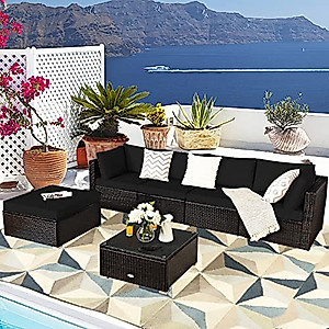 HAPPYGRILL 6 Pieces Patio Conversation Set Outdoor Wicker Furniture Set Rattan Sofa Set with Seat & Back Cushions Coffee Table for Patio Garden Lawn Poolside Backyard