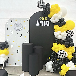 VitaCraft One Happy Dude Balloon Garland Arch Kit, 137Pcs Black White Mustard Yellow Balloons with Checkered Starburst Foil Balloons for One Happy Dude Birthday Smil-ey Face Party Decorations