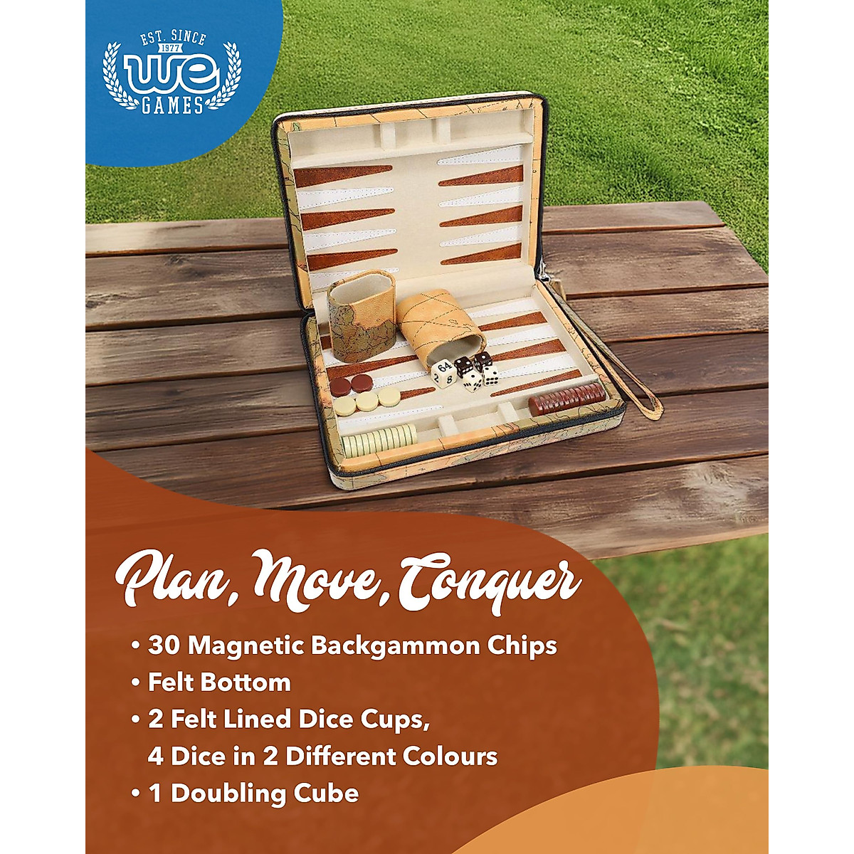 WE Games Magnetic Map Style Backgammon Board and Carrying Strap - Board Games for Adults, Travel Games, Travel Backgammon Sets for Adults