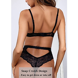 Aranmei Women Sexy Lingerie Bodysuit Lace Teddy Snap Crotch V Neck One Piece Babydoll Underwire(Black Large)