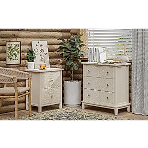 COZAYH Farmhouse Fully-Assembled Nightstand with 2-Drawer, Flower Motif End Table for Small Spaces, French Country, Modern, Distressed Finish, White-Washed