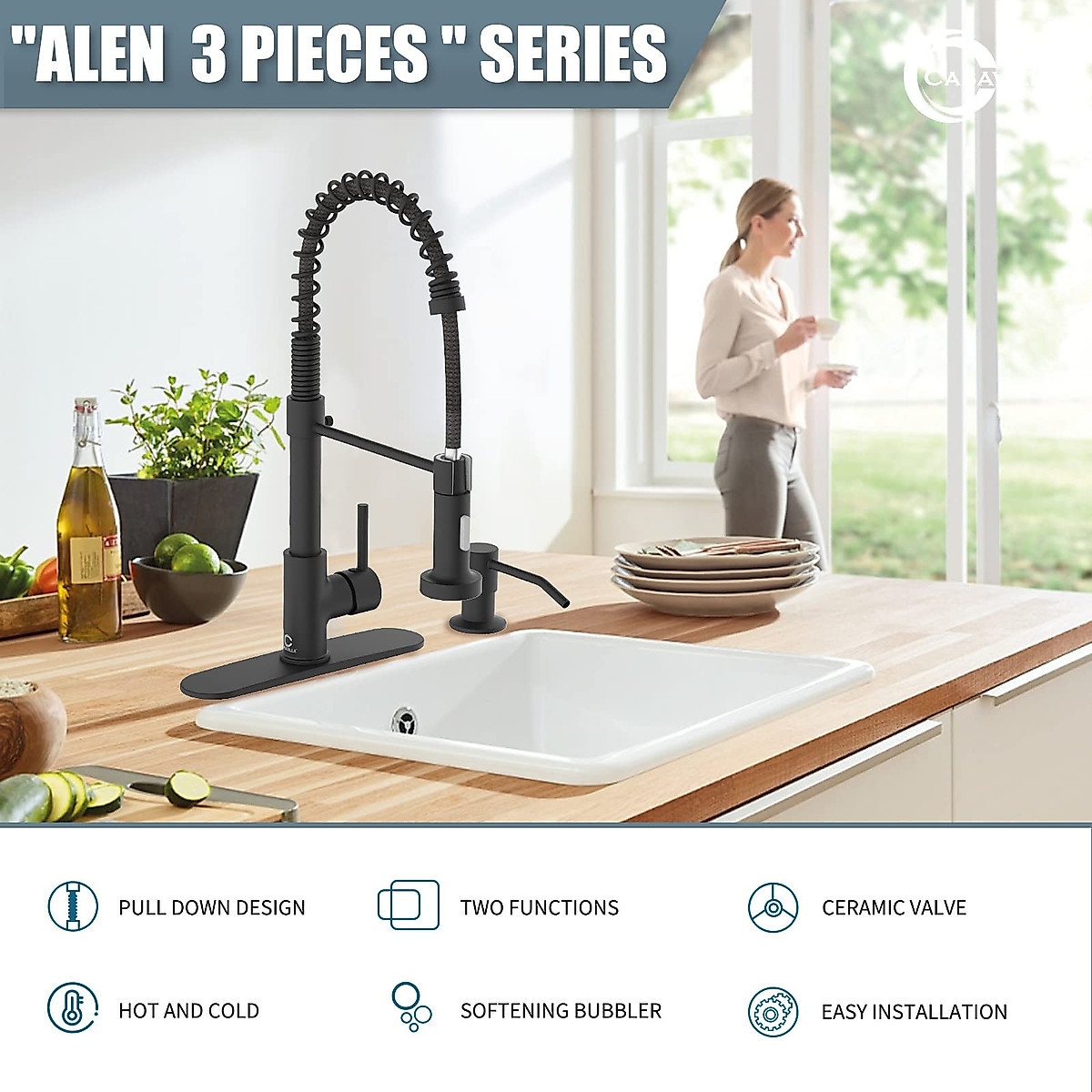 Casavilla Kitchen Faucet Set, Black Kitchen Sink Faucets with Pull Down Sprayer and Soap Dispenser, Single Handle Stainless Steel Faucets for Kitchen Sinks, Farmhouse Kitchen Faucets with Deck Plate