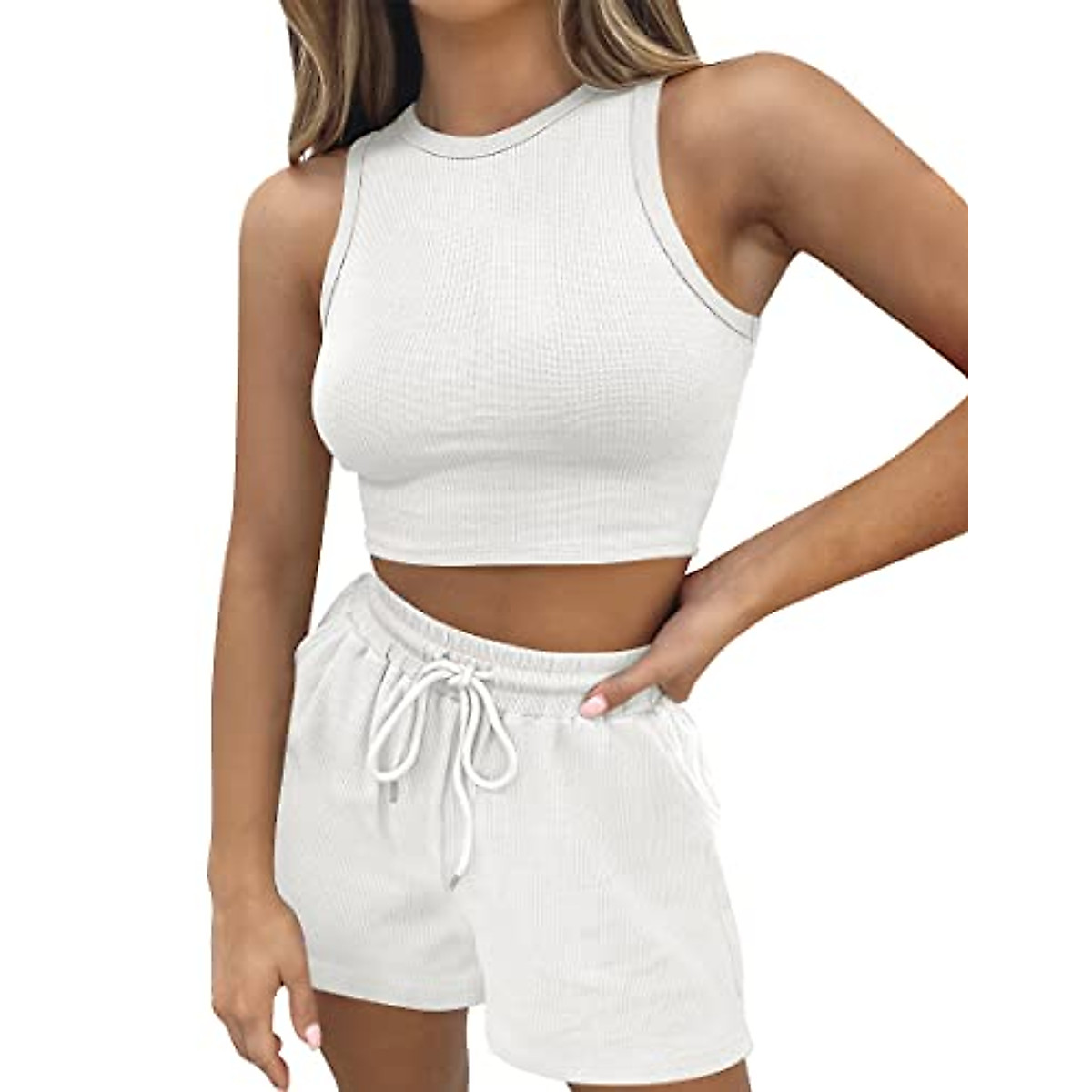 ZESICA Women's Waffle Knit Sleeveless Crop Top and Shorts Pullover Nightwear Lounge Pajama Set with Pockets,CropWhite,Small