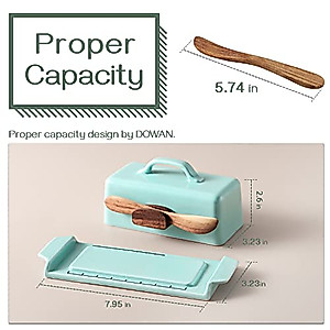 DOWAN Butter Dish with Lid and Knife, Butter Dish with Cutting Measurements and Humanized Knife Handle for East West Coast Butter, Ceramic Butter Dish with Lid for Countertop, Turquoise