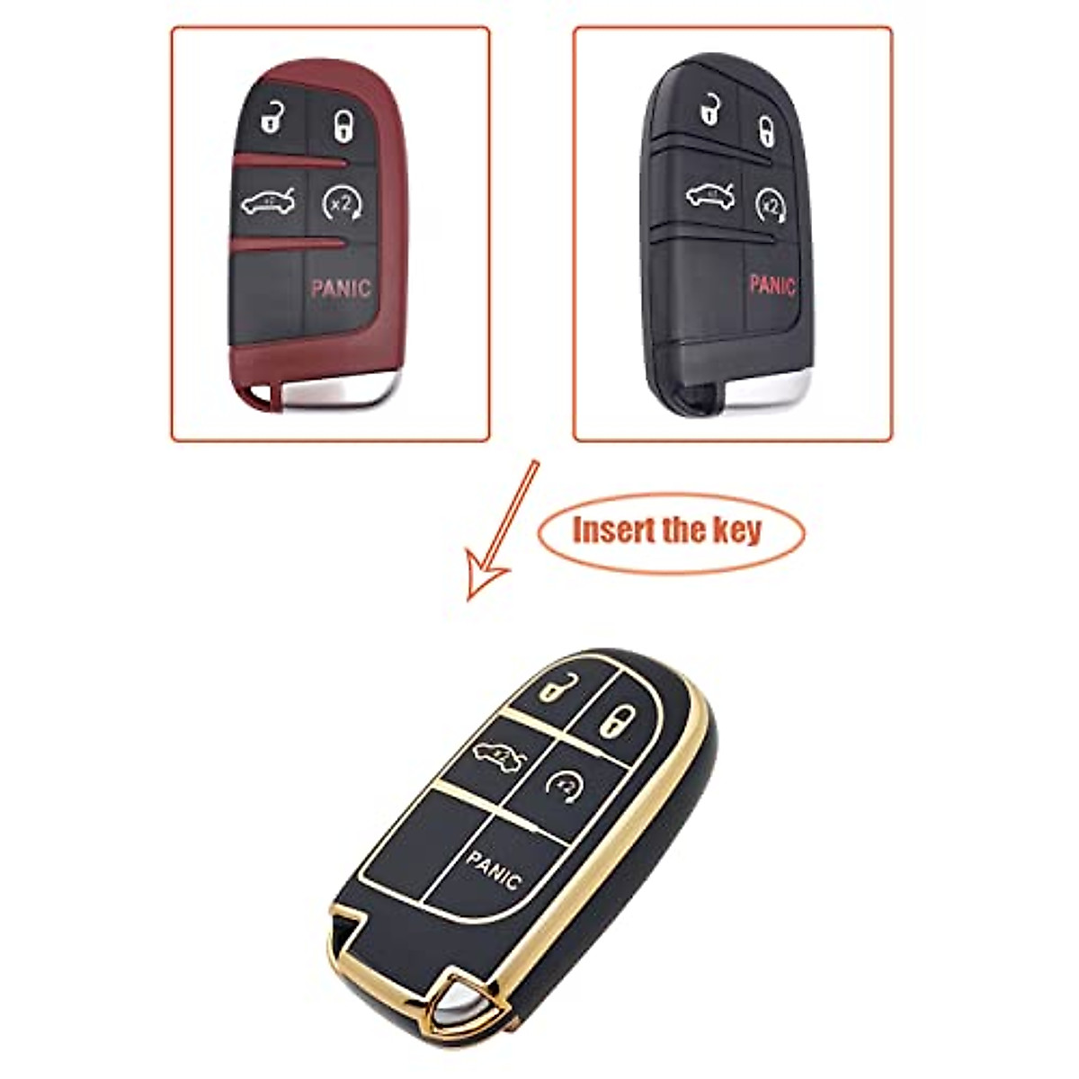 vurbemes TPU Key Fob Cover Case with Keychain fit for Grand Cherokee Renegade Chrysler 200 300 Dodge RAM Durango Challenger Journey Dart Fiat Smart Keyless Entry Key Fob (Black)