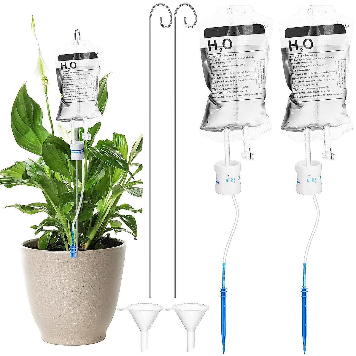 2 Set Plant Water Bag Automatic Plant Watering System 350ml Irrigation Drip Bag with Metal Support Rod and Regulating Valve Self Watering Devices for Indoor Outdoor Plants Flowers