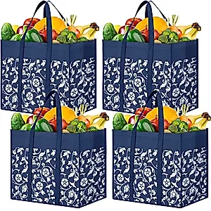 WOWBOX Reusable Grocery Bags Foldable Tote Bags Bulk with Reinforced Handles Shopping Bags for Groceries Heavy Duty Large Bags Kitchen Reusable Grocery Bags with Waterproof Coating 4-Pack, Blue