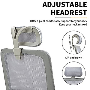 Office Chair, Ergonomic Mesh Desk Chair, High Back Computer Chair with Adjustable Headrest,Lumbar Support, Tilt Function,Swivel Rolling, Soft PU Armrest Task Chair Home Office Desk Chairs, Grey