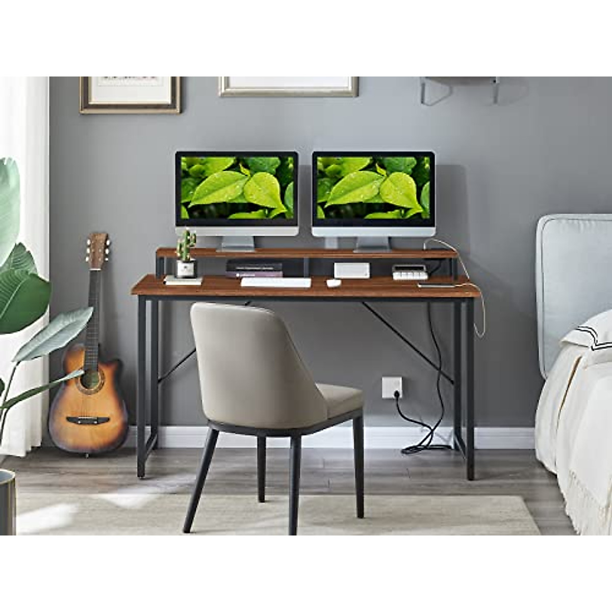 SUPERJARE Computer Desk with Power Outlet, 55 inch Home Office Desks, Industrial Desk with Monitor Shelf, Writing Desk with Wooden Desktop and Metal Frame - Brown