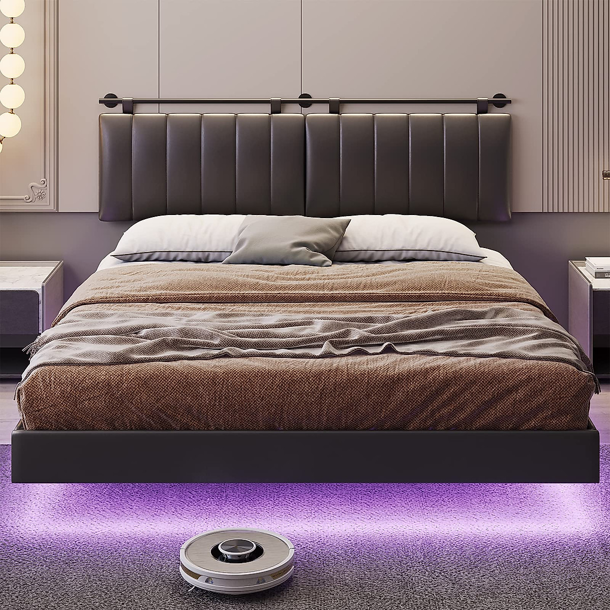 DICTAC Floating King Bed Frame with RGB LED Lights Modern Upholstered King Size Led Bed Frame with Wall Mounted Headboard,No Box Spring Needed,White