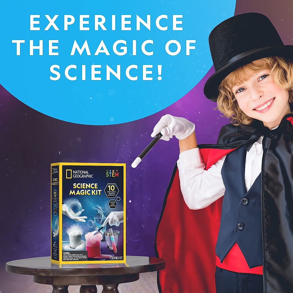 NATIONAL GEOGRAPHIC Magic Chemistry Set - Perform 10 Amazing Easy Tricks with Science, Create a Magic Show with White Gloves & Magic Wand, Great STEM Learning Science Kit for Boys and Girls