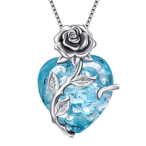 OCJ Aquamarine Necklace for Women March Birthstone Necklace 925 Sterling Silver Heart Rose Flower Pendant Jewelry Gifts for Women Her Mom Wife Daughter Friends Ladies Anniversary Birthday Gifts Ideas