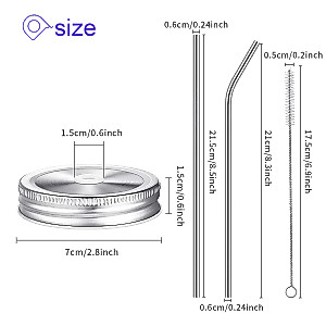 26 PCS Regular Mouth Mason Jar Lids with Straw Hole - 70MM Canning Lids Drinking Jar Lids Tinplate Jar Lids Silver Canning Jar Caps with Silicone Ring/Straws/Cleaning Brush for Drinking Food Storage