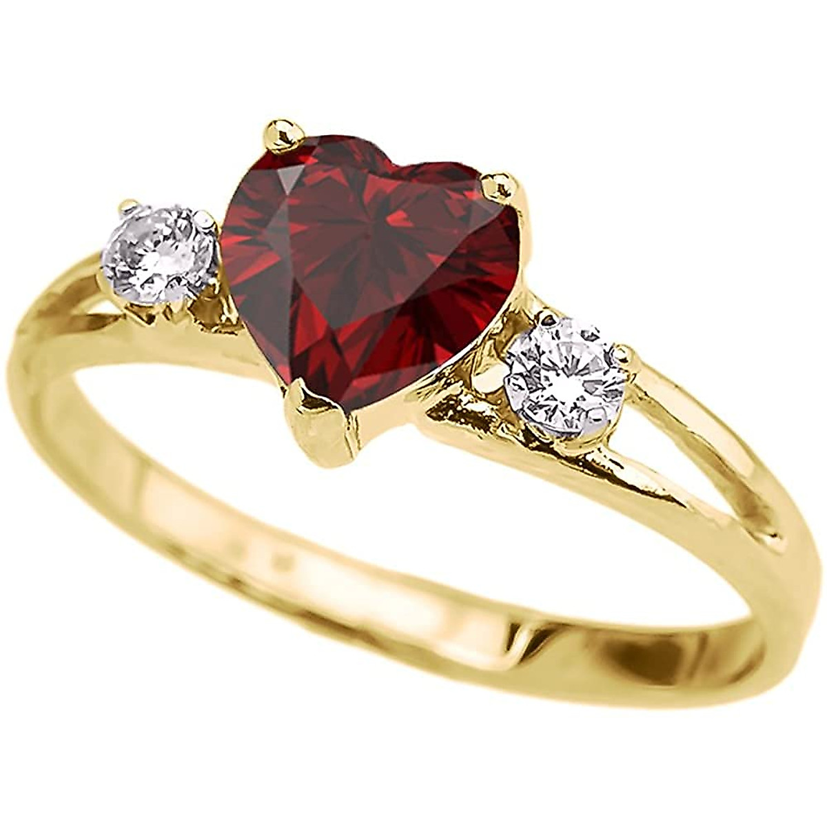 14k Yellow Gold Heart Shape Garnet & White Topaz Split Shank Three Stone Ring - Size 5