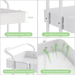 TOOLF 3 Tier Metal Rolling Cart, Utility Cart with Handle, Multifunction Storage Cart with Lockable Wheels, Serving Organizer Trolley with Mesh Basket for Kitchen, Bathroom, Office