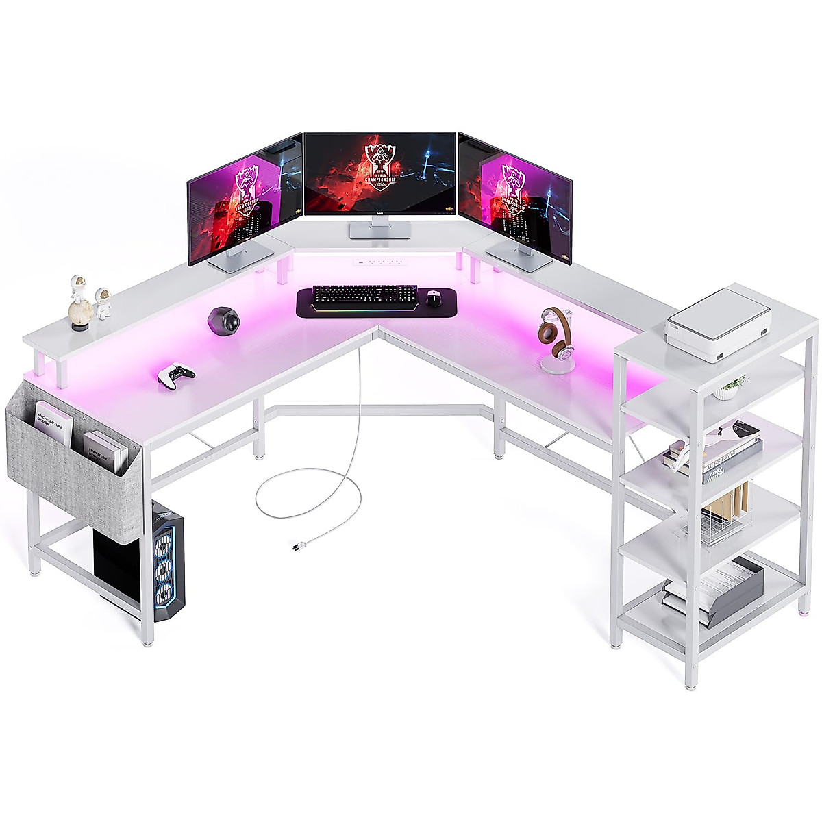 Patikuin L Shaped Desk with Power Outlets & LED Lights, 62" Computer Desk with Full Monitor Stand & Storage Shelves, Corner Desk Gaming Desk, Ergonomic Home Office Desk, White