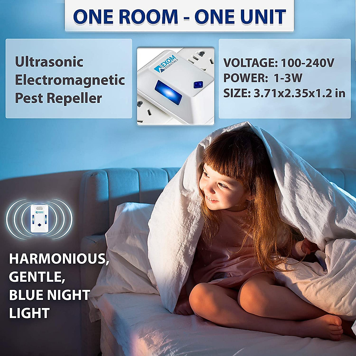 ES-2, Ultrasonic Pest Repeller - Electronic & Ultrasound, Indoor Plug-in Repellent - Get rid of - Rodents, Mice, Squirrels, Bats, Insects, Bed Bugs, Ants, Fleas, Spiders, Roaches (Light Blue, 2Pack)