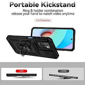 Yodueiv for Redmi 10 (2021/2022)/Redmi 10 Prime Case with Tempered Glass Screen Protector and Slide Camera Cover, Magnetic Ring Car Mount Holder Protective Cover for Xiaomi Redmi 10 2022 Black