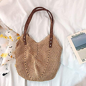 QTKJ Hand-woven Soft Boho Women's Summer Crochet Beach Shoulder Bag PU Leather Handle Woven Handbag for Women (Brown)