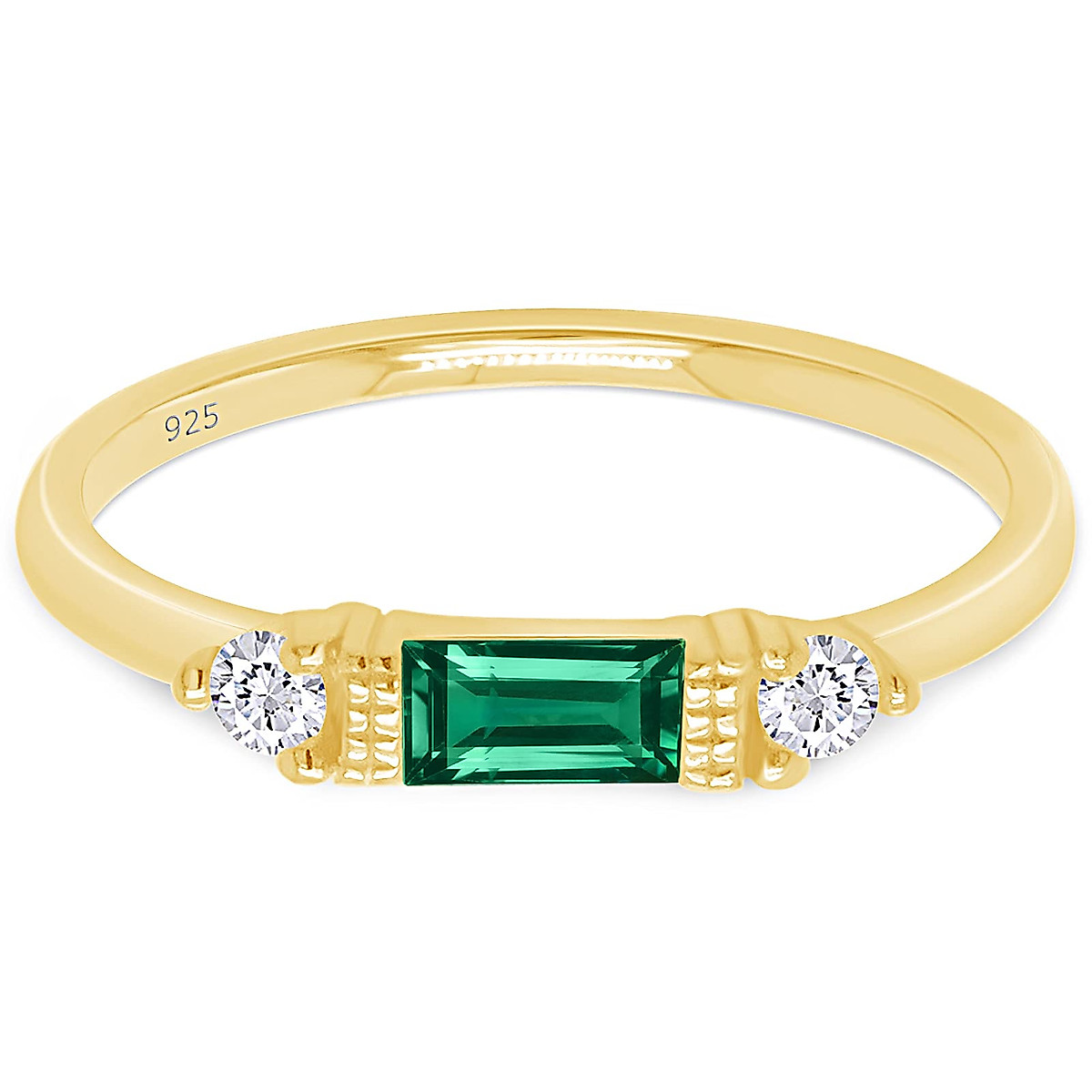 AFFY Baguette Cut Simulated Emerald And White Cubic Zirconia In 14K Yellow Gold Plated 925 Sterling Silver Three Stone Design Bridal Engagement Wedding Ring Jewelry For Women Size -6