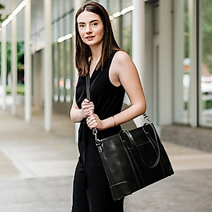 S-ZONE Leather Tote Bag for Women Office Shoulder Handbag 15.6 Inch Work Laptop Briefcase (Black)
