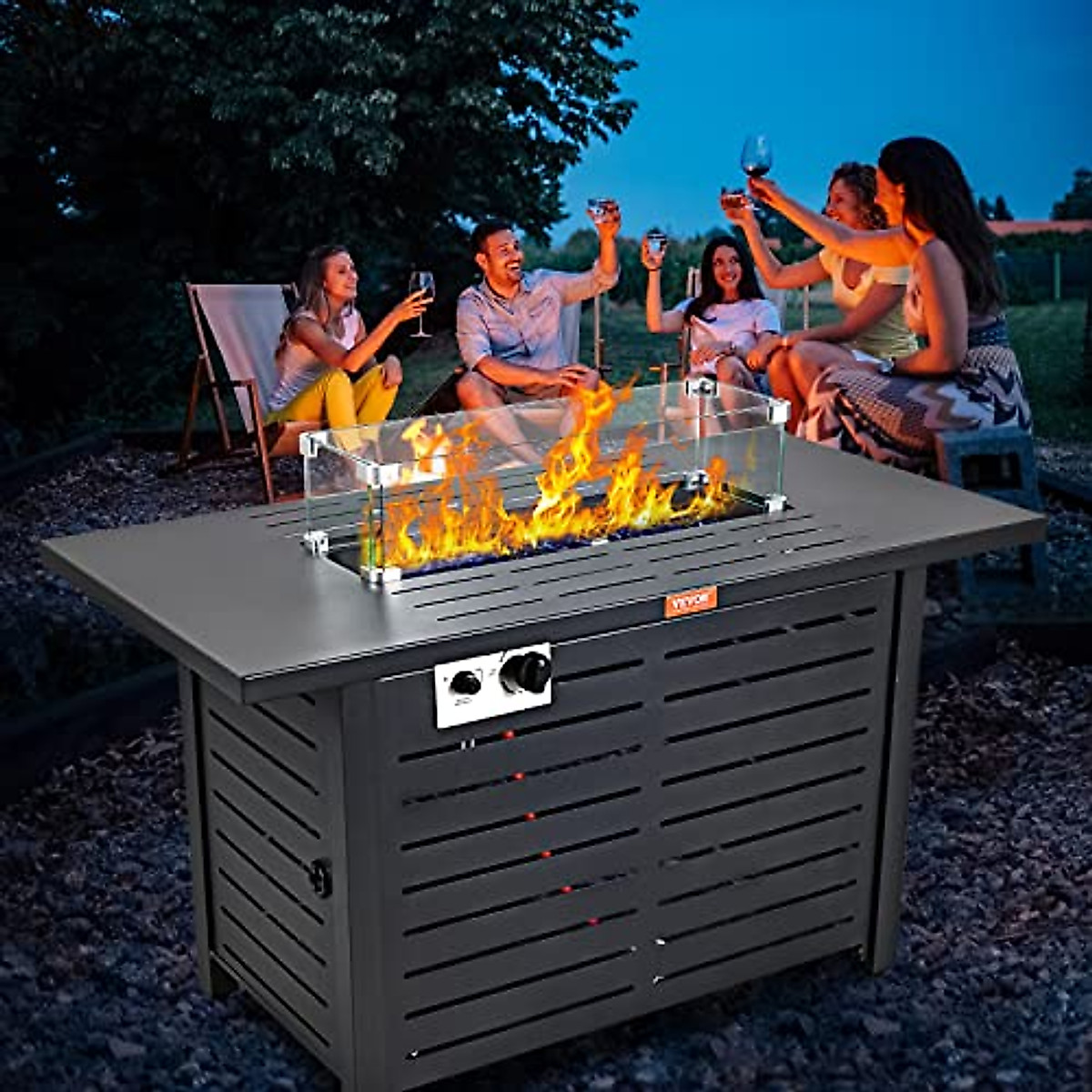 VEVOR Gas Fire Pit Table, 43 In 50000 BTU, Propane Outdoor Wicker Patio fire Pits with Carbon Steel Tabletop, Lava Rock, Glass Wind Guard, Cover, Add Warmth to Gathering on Garden Backyard, CSA Listed