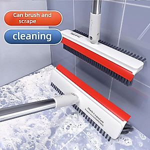 Three Sided Floor Brush,Floor Scrub Brush with Long Handle,3 in 1 Scrape and Double-Sided Stiff Bristle Scrub Brush,Rubber Broom Carpet Rake,Scrape & Heavy-Duty Stiff Bristle Scrubber Brush for Bath