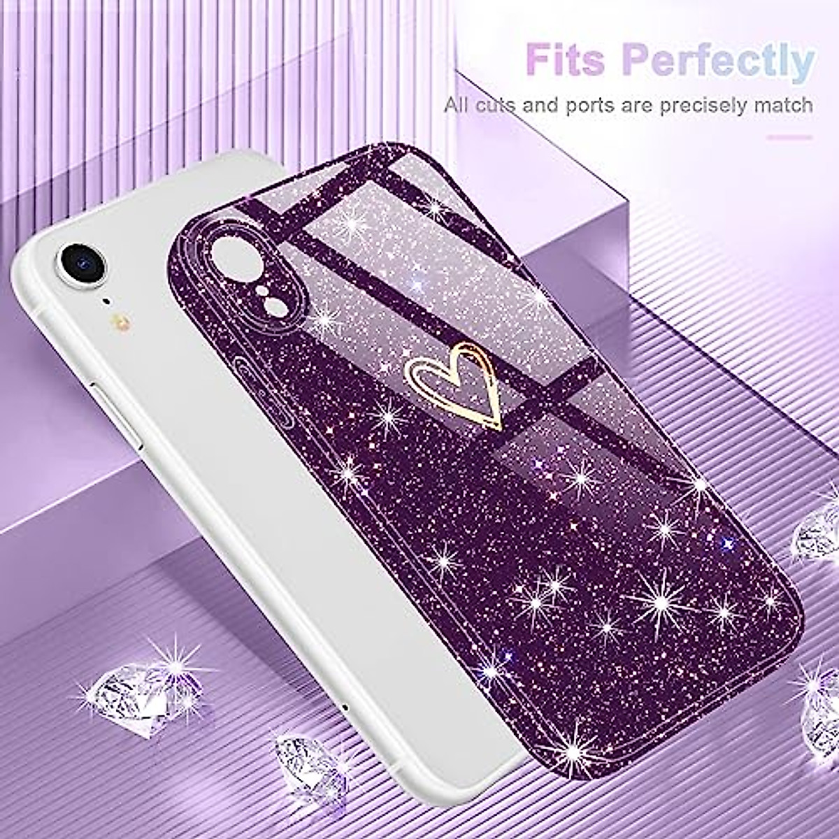 Qviskteme for iPhone XR Case Cute,Clear Glitter with [1 x Tempered Glass Screen Protector] Sparkly Bling Shockproof Bumper Protective Soft Silicone Phone Cover Case for Women Girls(Dark Purple)